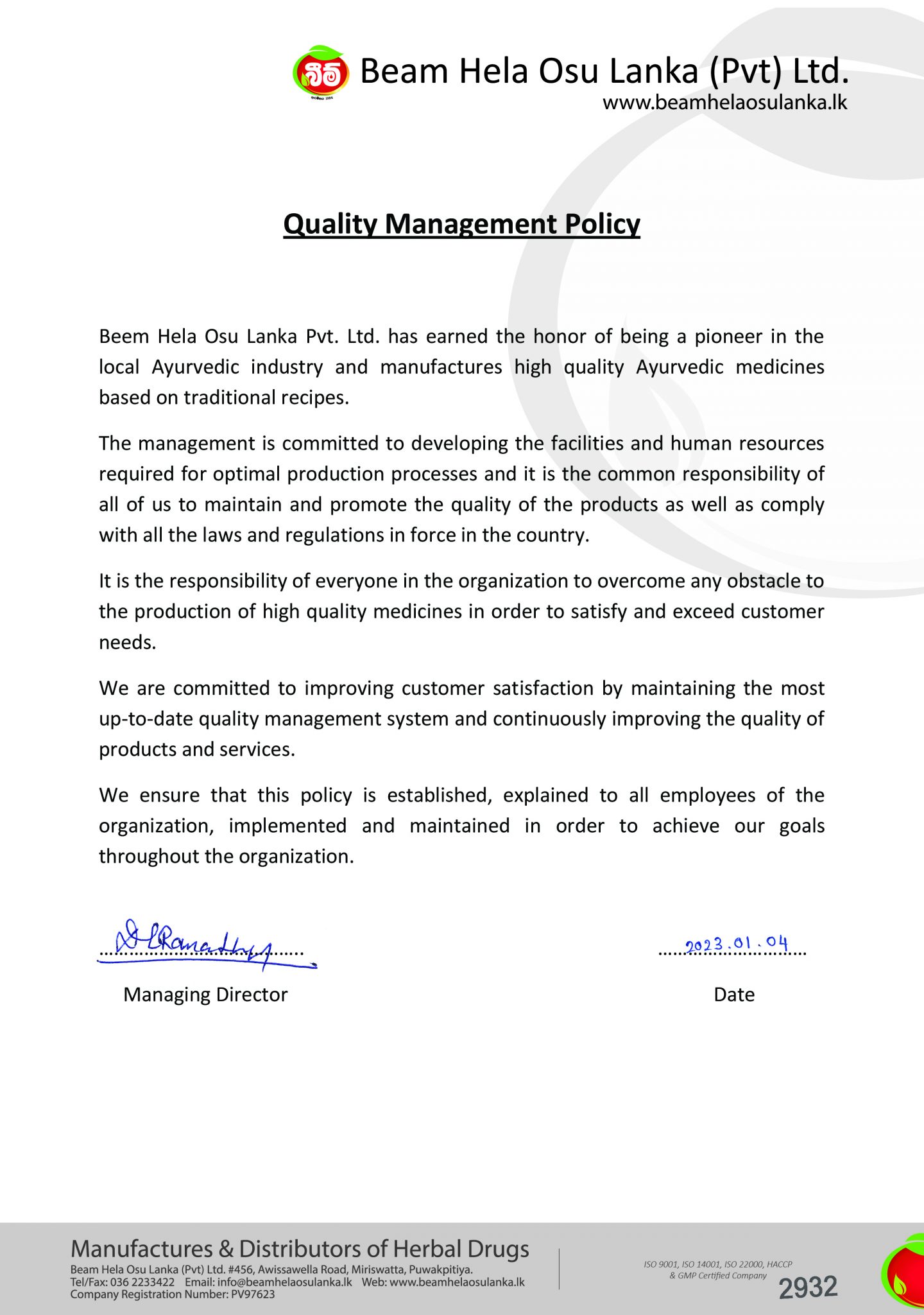 Quality Policy – Beam Hela Osu